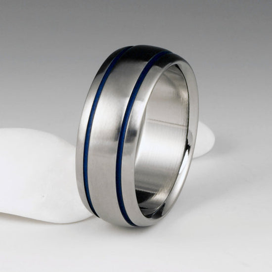 Titanium Ring - Domed Profile - Two Blue Pinstripes on Either Side ...